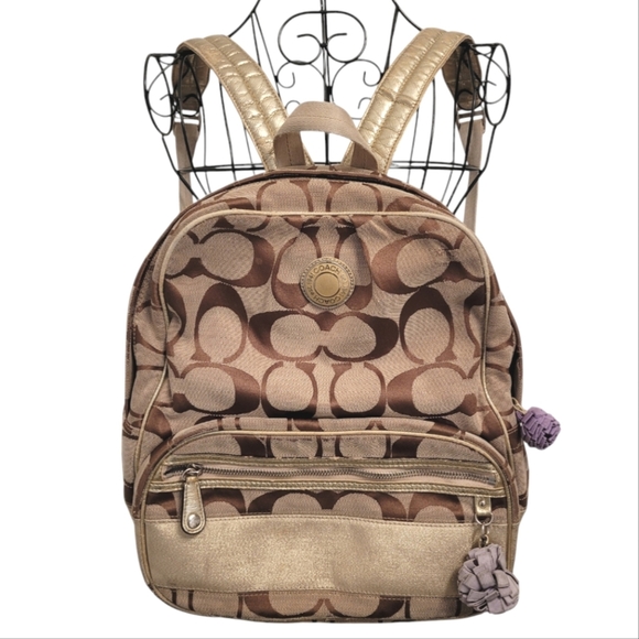 Coach | Bags | Coach Signature Poppy Brown Metallic Gold Backpack F9451 ...